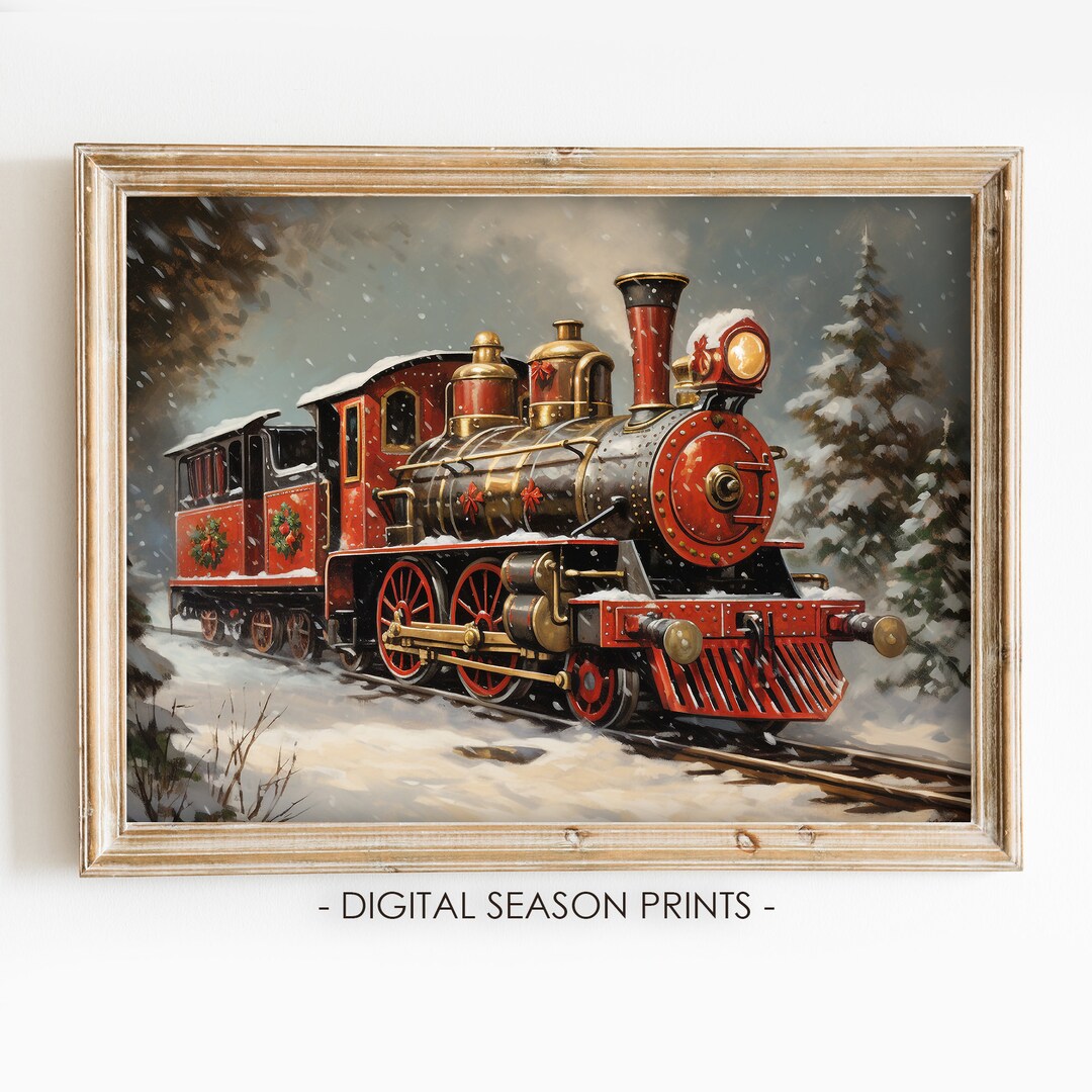Vintage Christmas Train Printable Wall Art, Rustic Winter Locomotive ...
