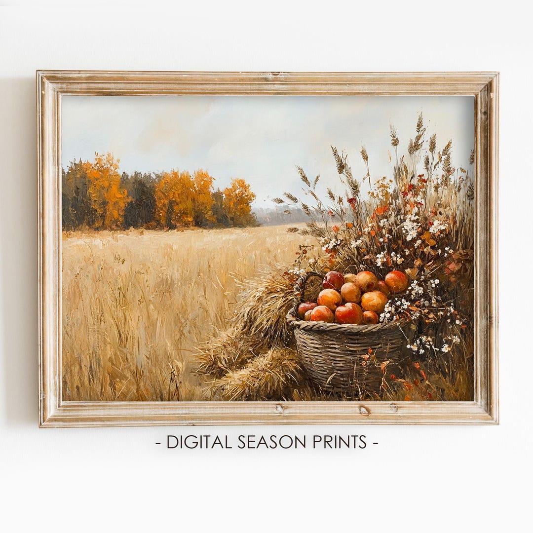 Rustic Fall Harvest Print, Printable Autumn Basket of Apples Painting ...