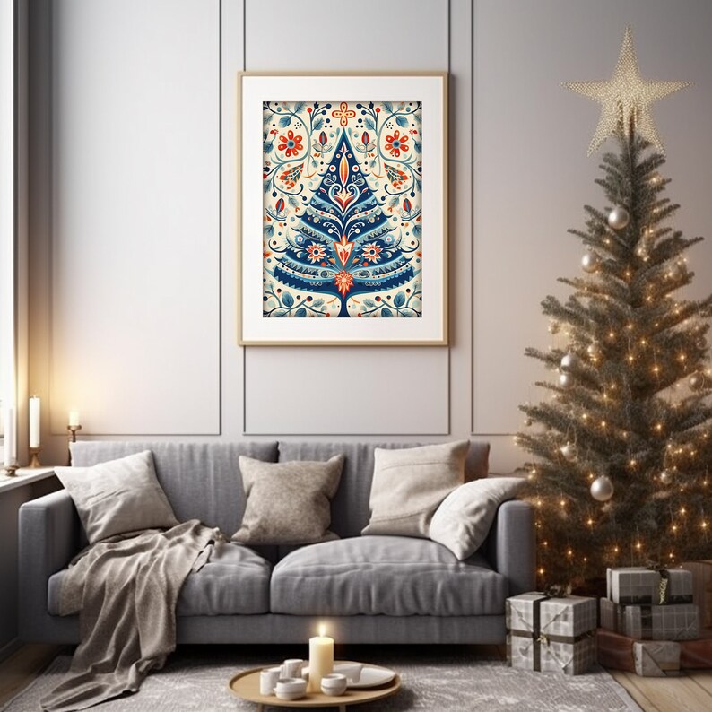 Folk Art Christmas Tree Printable Wall Art, Scandinavian Holiday Decor ...