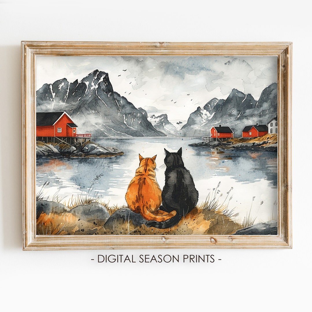 Norway Print, Scandinavian Wall Art, Red Wooden Houses in Mountain Lake ...