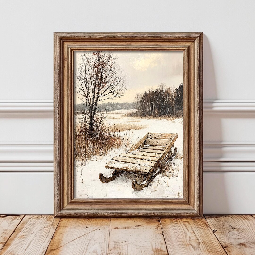 Vintage Sled Printable Wall Art, Rustic Winter Countryside Scene ...