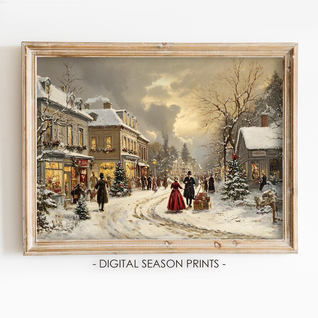 Victorian Christmas Town Painting Printable Vintage Christmas Wall Art ...