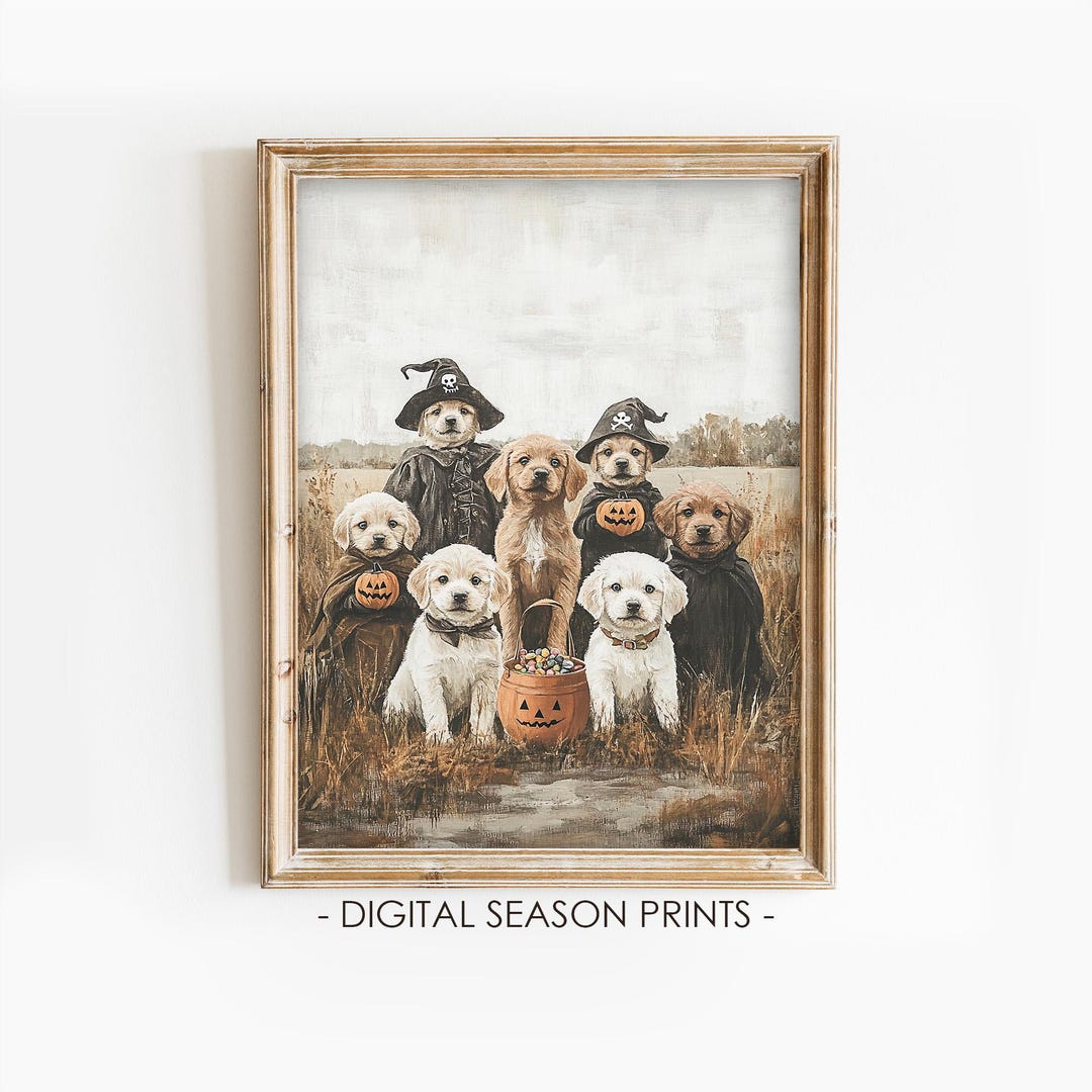 Halloween Puppy Wall Art Printable, Trick or Treat Dogs With Pumpkins ...