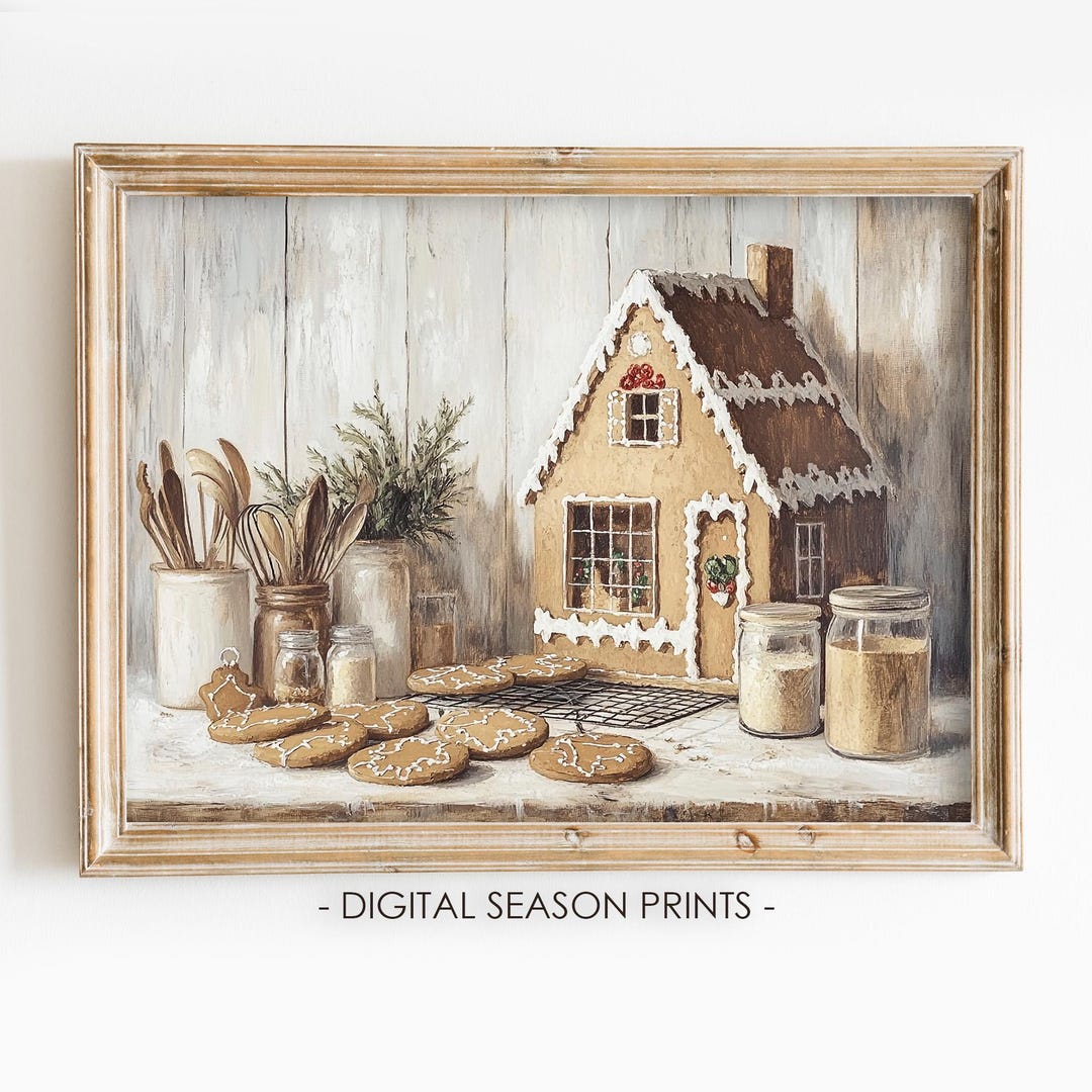 Country Gingerbread House Painting, Printable Vintage Christmas Wall ...