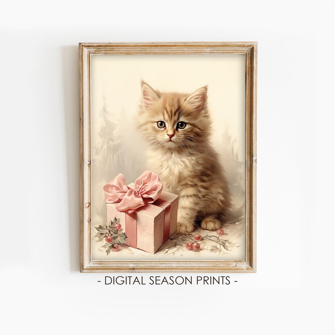 Christmas Cat Print, Holiday Gift Painting, Printable Nursery Decor ...