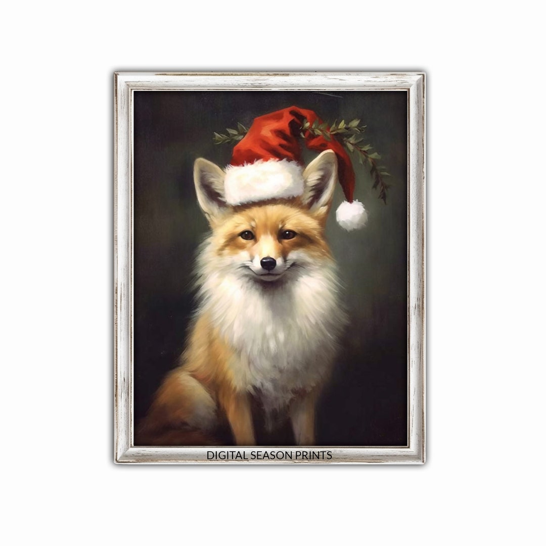 Christmas Vintage Fox in Santa Hat Print, Xmas Wall Art, Holiday Decor ...