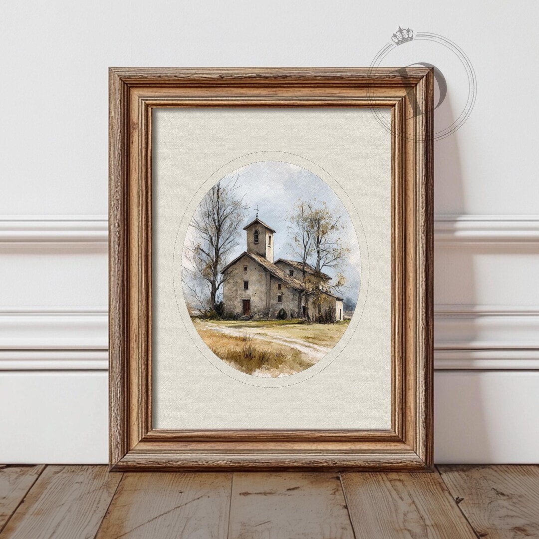 Rustic Countryside Church Printable Wall Art, Vintage Chapel Landscape ...