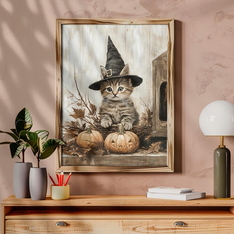 Halloween Witch Cat Print, Printable Vintage Halloween Wall Art ...