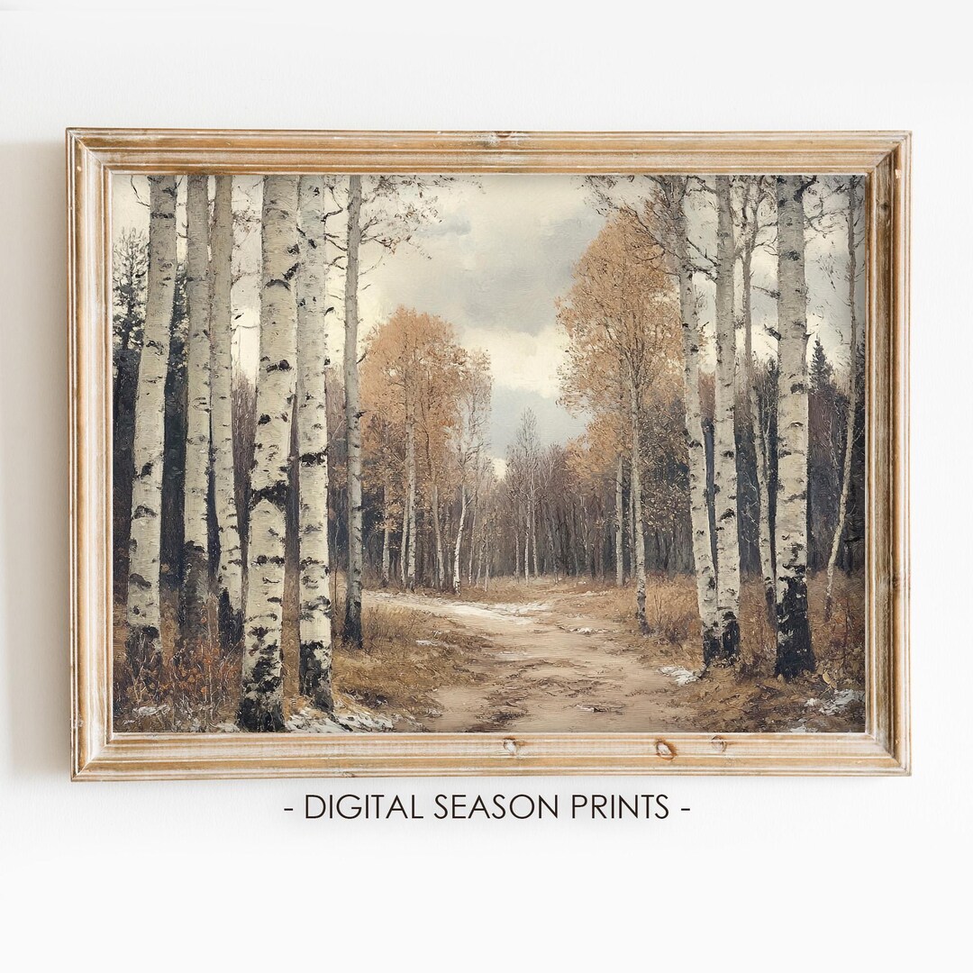 Birch Grove Print, Printable Autumn Oil Painting of Snowy Pathway in ...