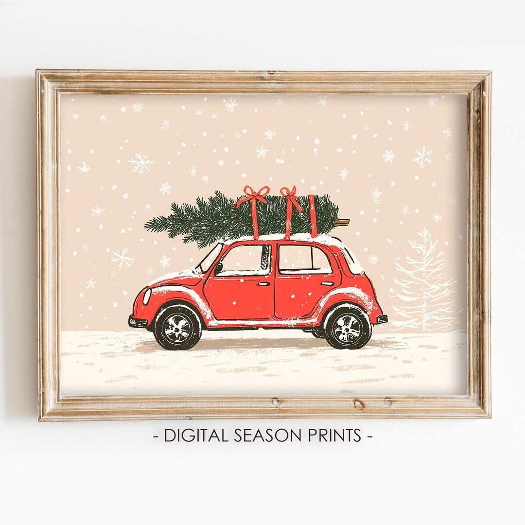 Christmas Tree on Red Car Print, Printable Vintage Christmas Decor ...