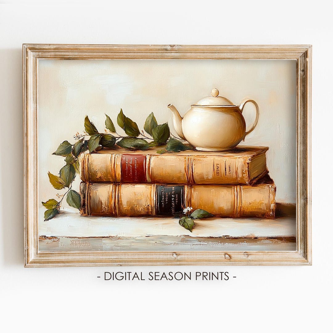 Rustic Teapot Scene Print, Cozy Fall Printable Warm Autumn Decor, Books ...
