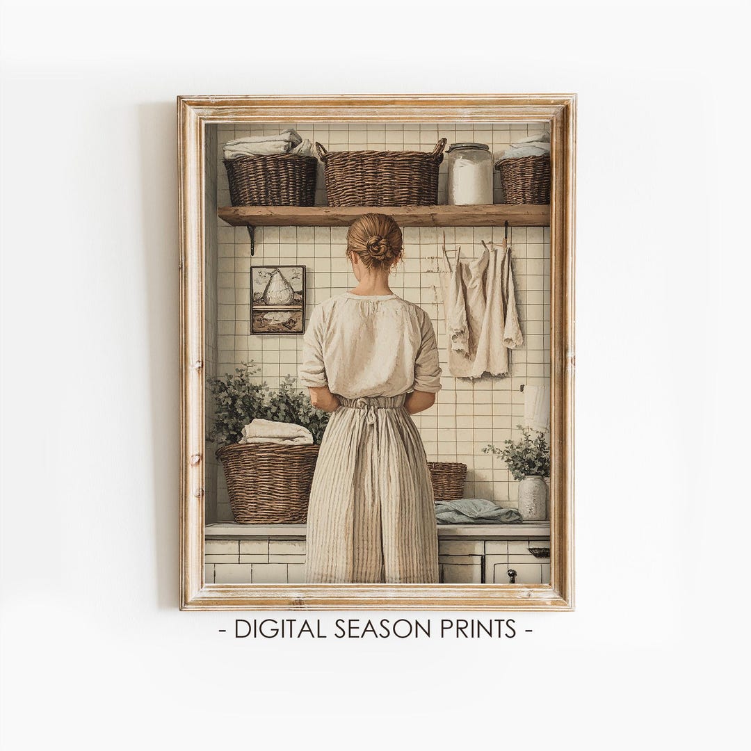 Woman in Laundry Room Decor, Printable Rustic Laundry Basket Painting ...