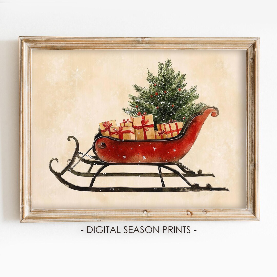 Printable Christmas Wall Art, Vintage Sleigh Painting, Christmas Tree ...