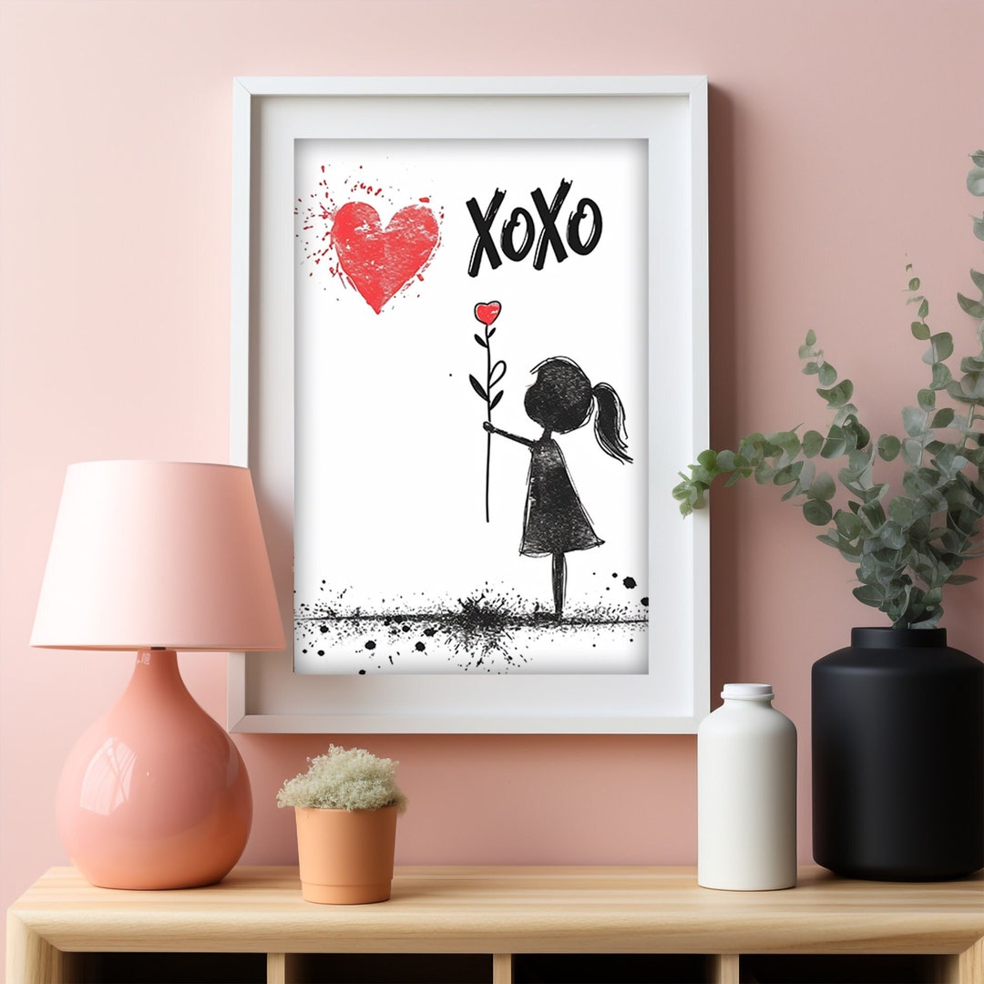 XOXO Print, Girl With Flower Valentine Day Decor, Printable I Love You ...