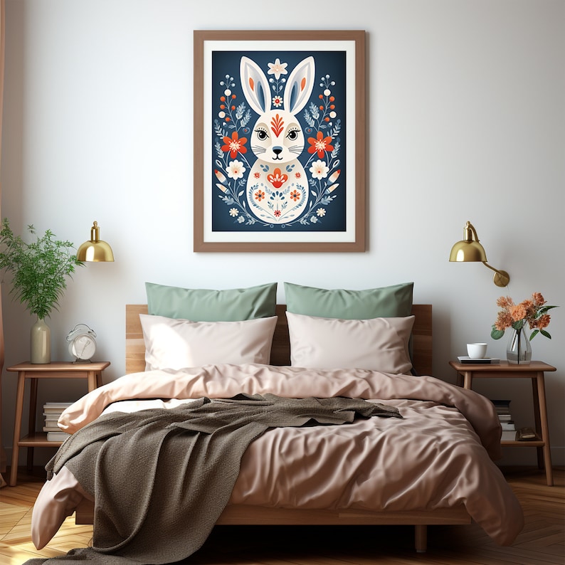 Nordic Bunny Painting, Scandinavian Folk Art, Rabbir Swedish Print ...