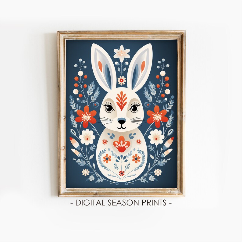 Nordic Bunny Painting, Scandinavian Folk Art, Rabbir Swedish Print ...