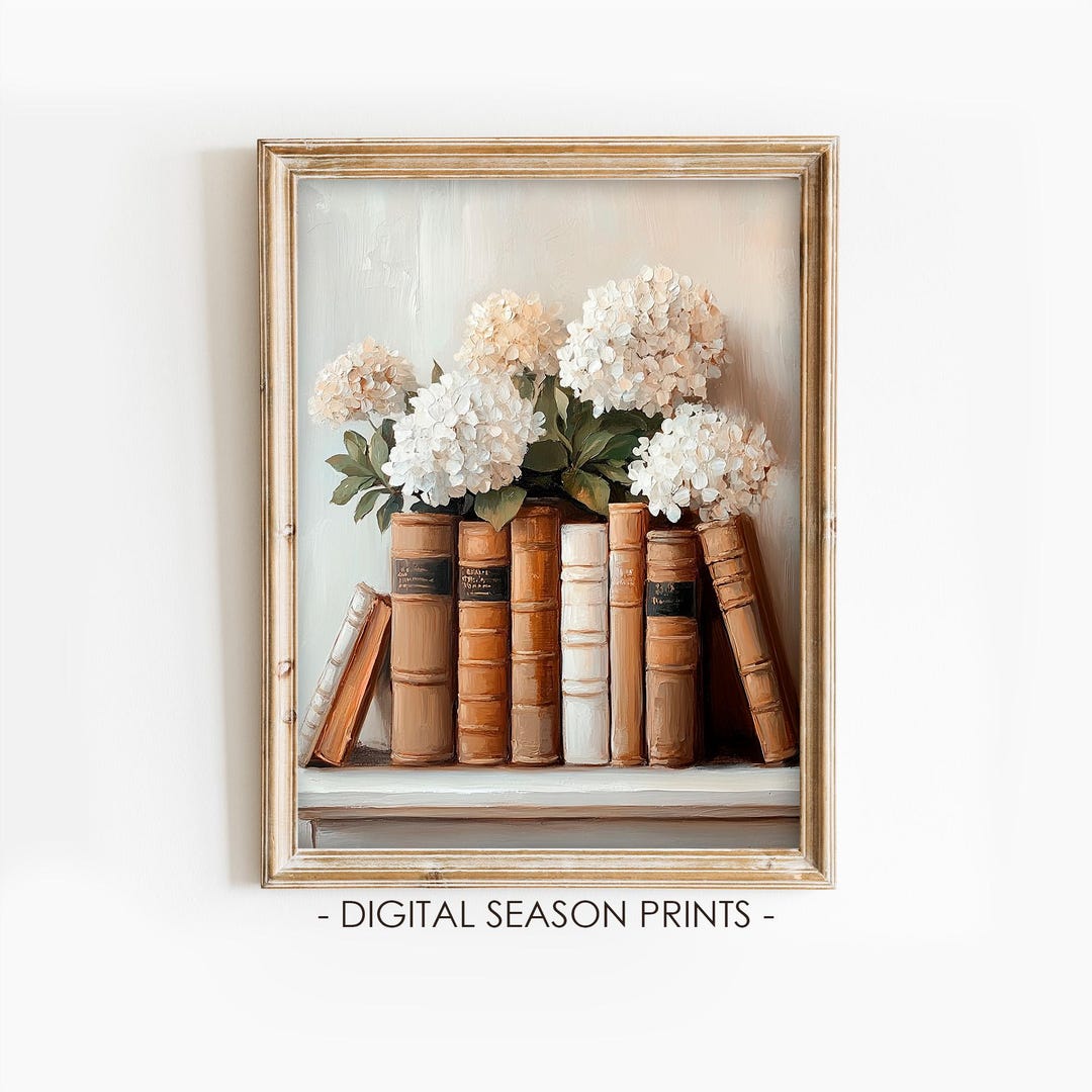Books and Hydrangeas Printable Wall Art, Vintage Library Floral Decor ...