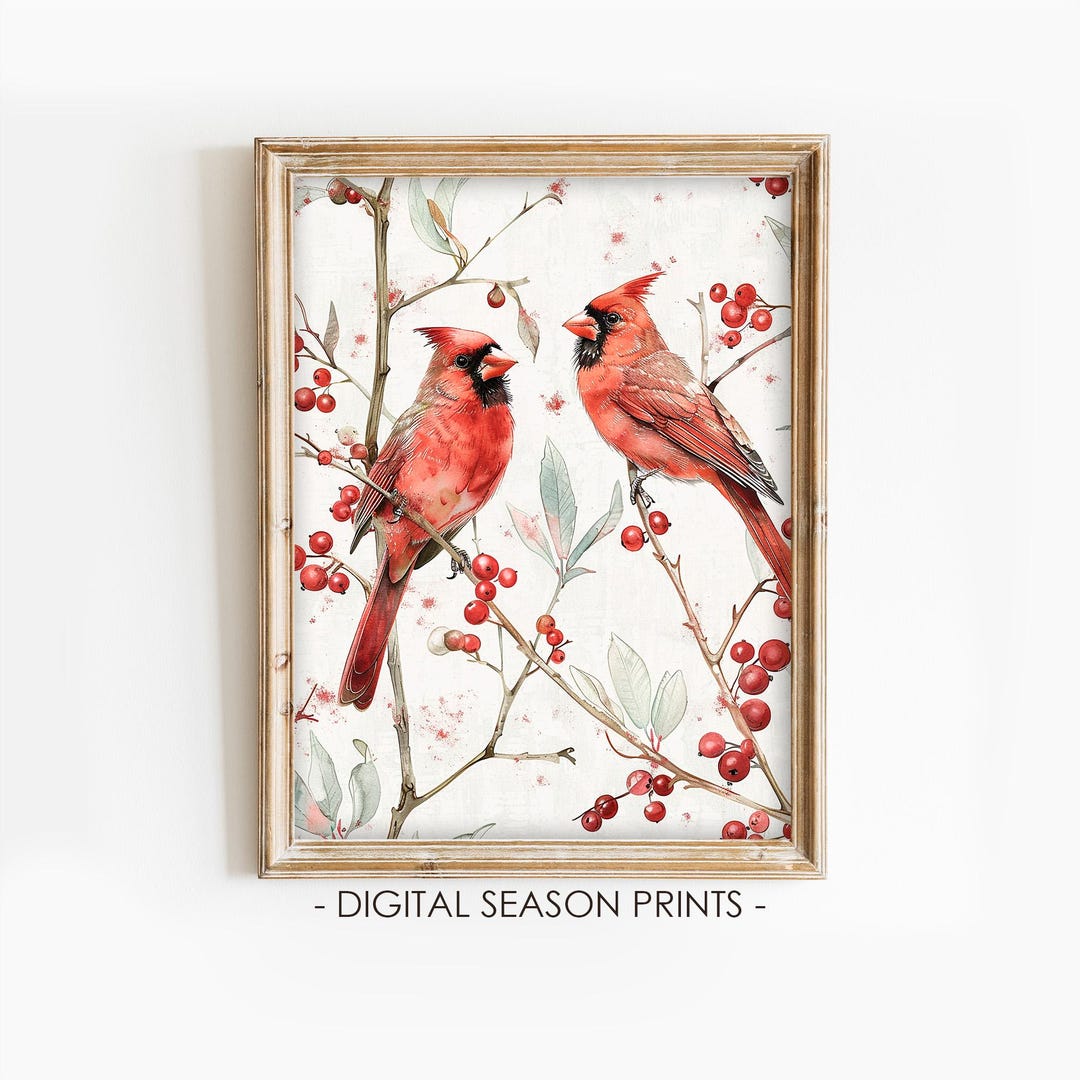 Red Cardinal Print Printable Vintage Christmas Holiday Wall Art Rustic ...