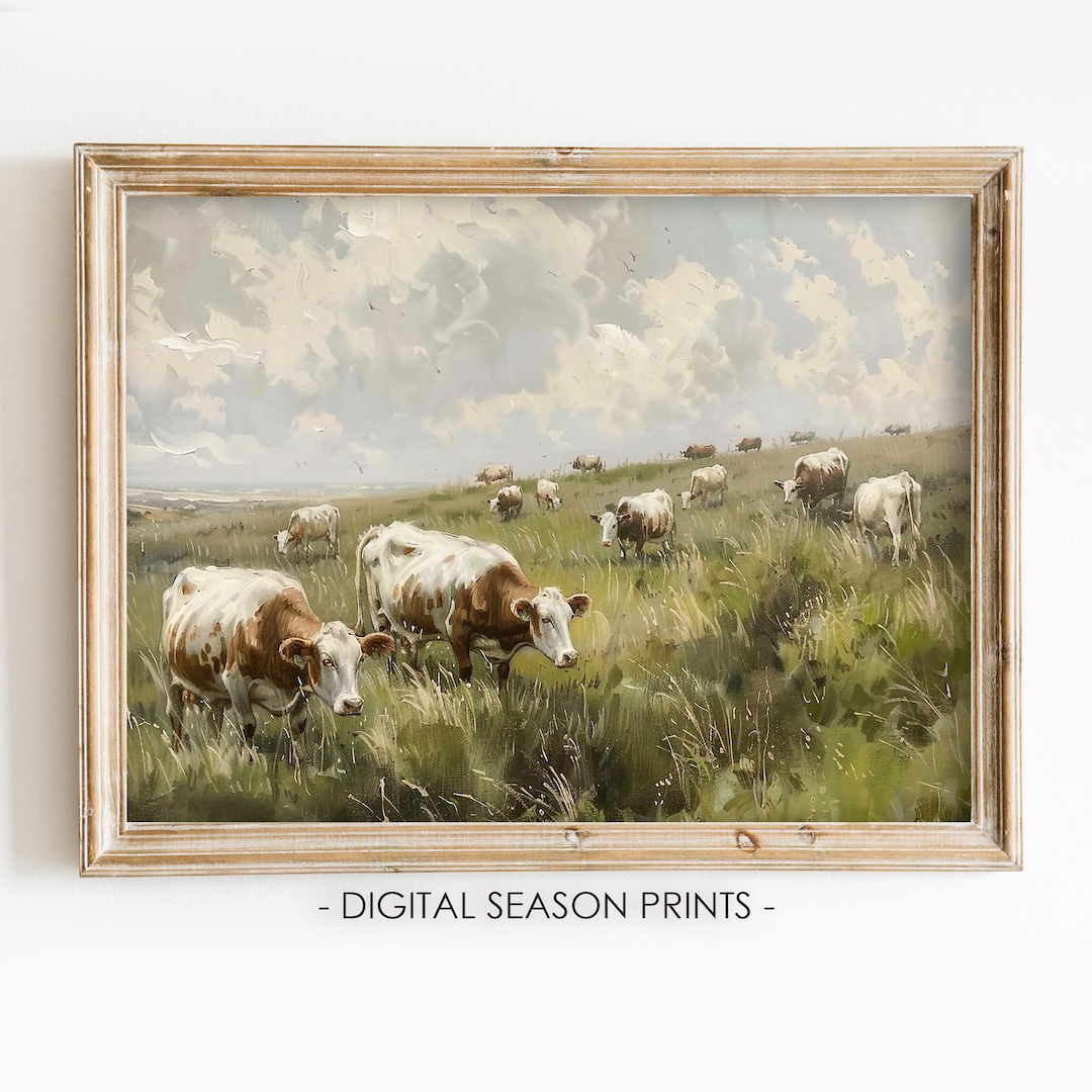 Cattle Pasture Printable Wall Art, Countryside Field With Grazing Cows ...