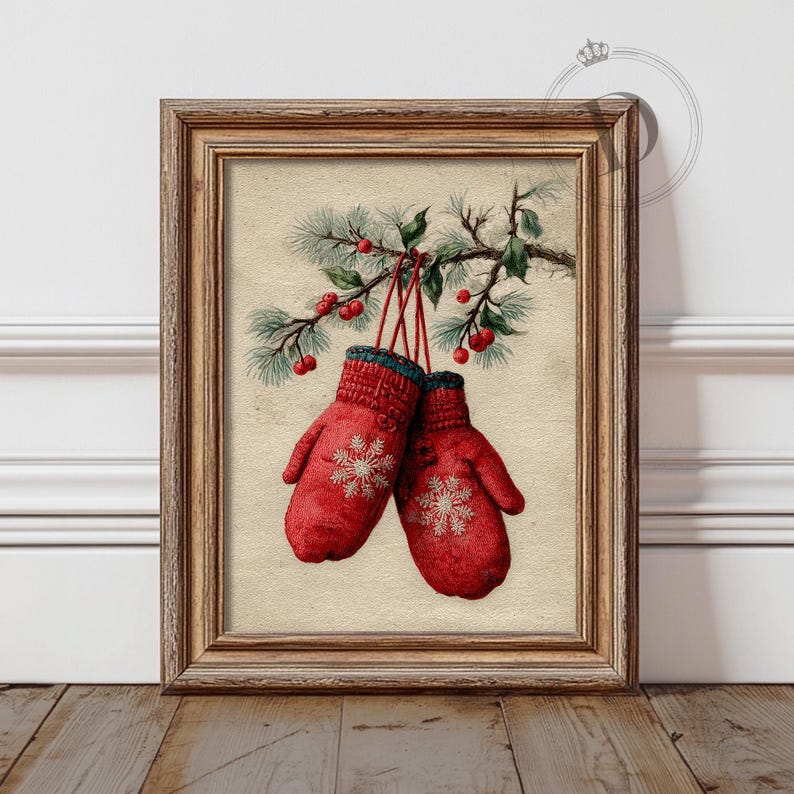 Christmas Mittens Printable Wall Art, Vintage Winter Holiday Print ...
