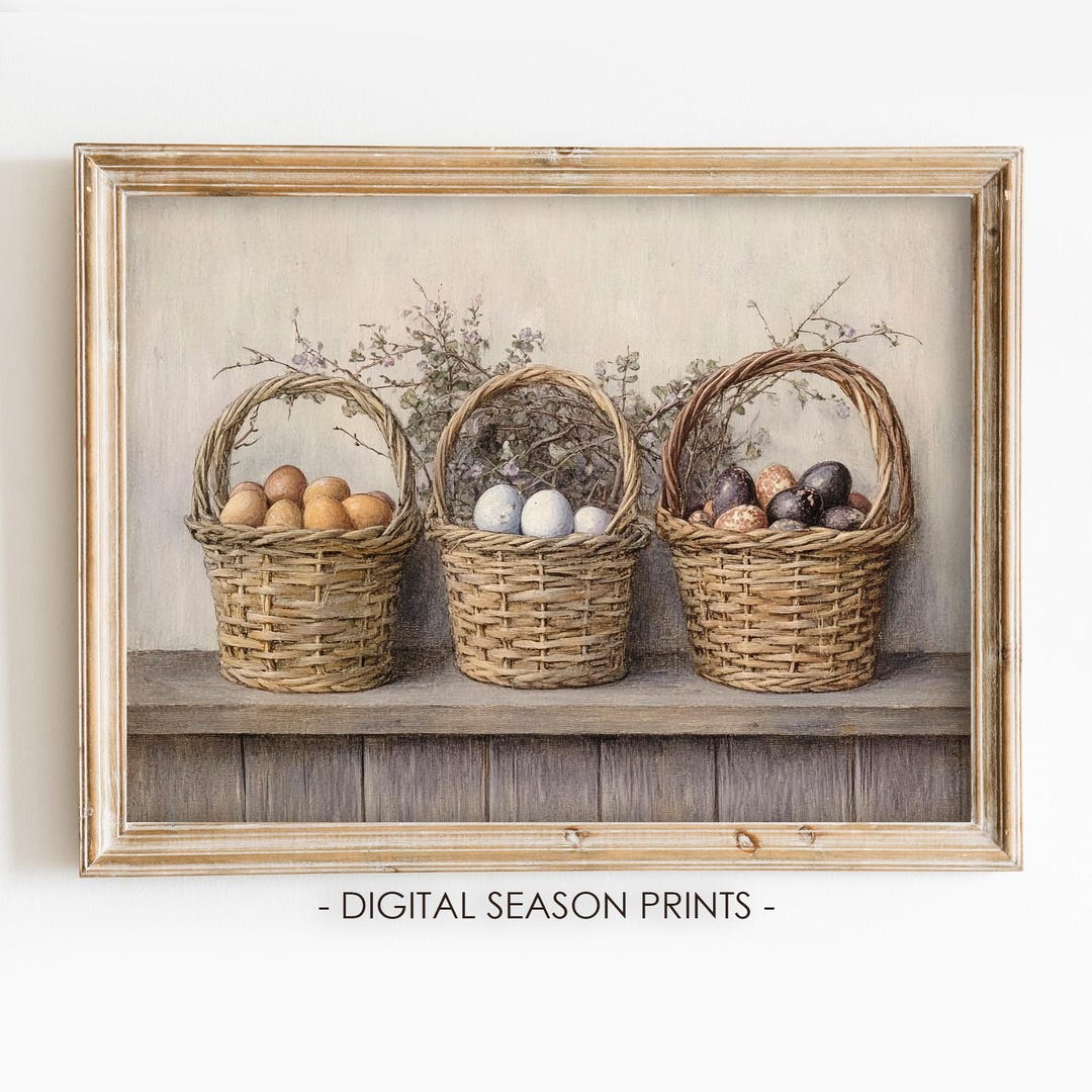 Vintage Easter Baskets Print, Rustic Spring Printable Wall Art, Digital ...