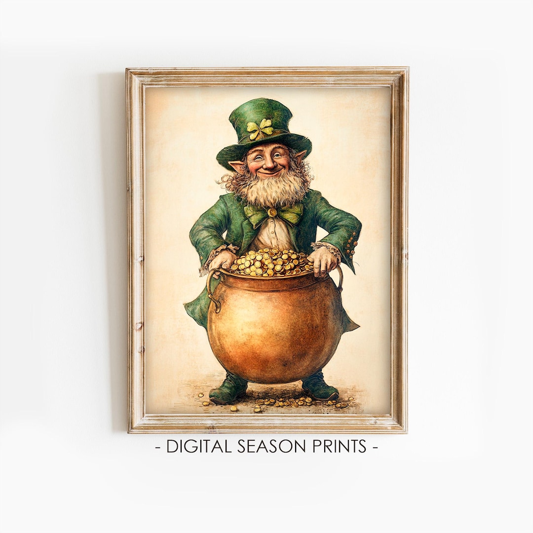 Leprechaun With Pot of Gold Print, Printable Vintage St Patrick's Day ...