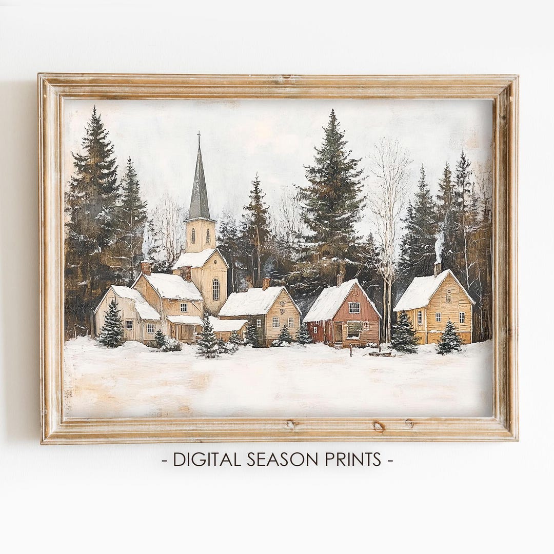 Winter Country Church Print, Printable Vintage Christmas Wall Art ...