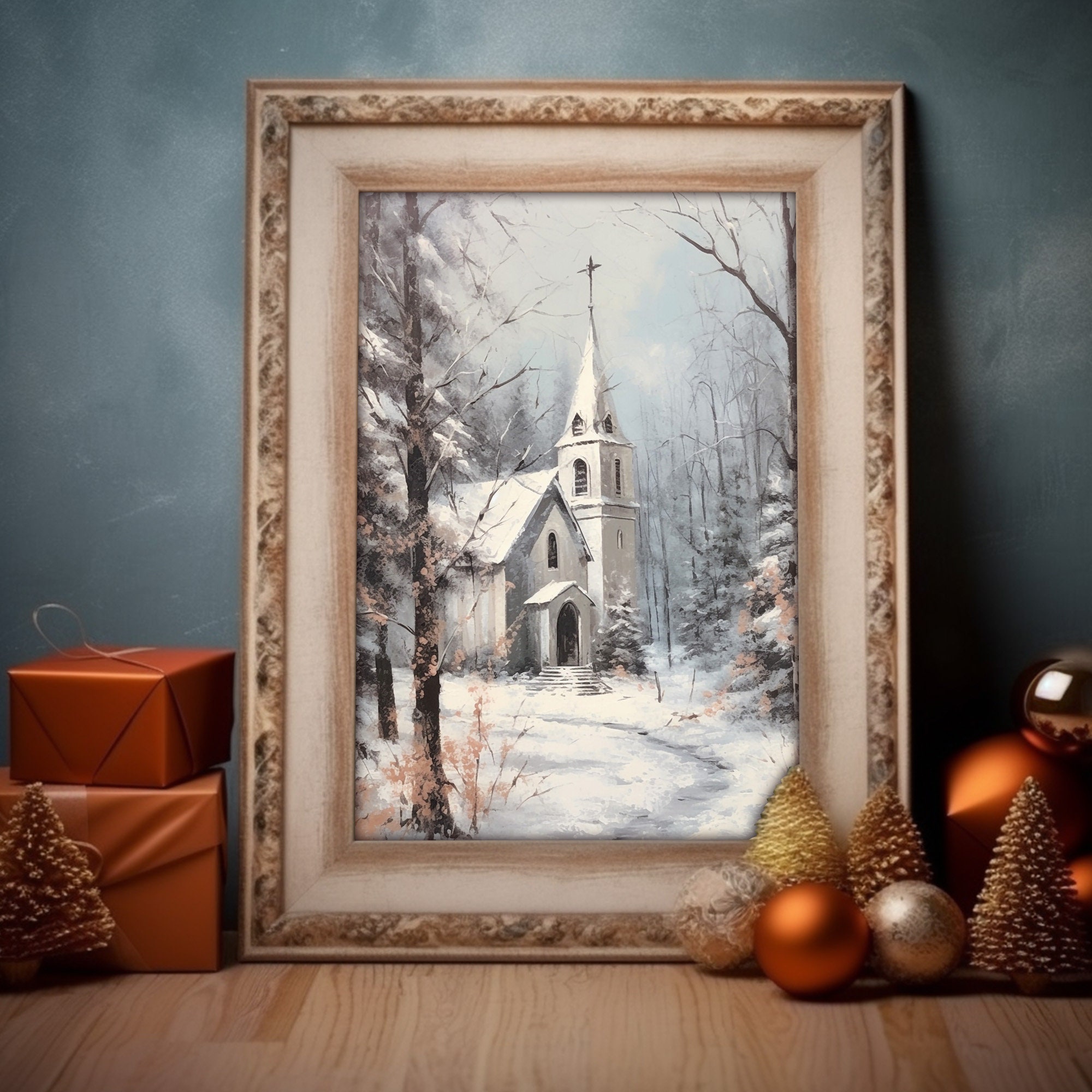 Old Country Church Painting, Winter Snowy Landscape Print, Printable ...