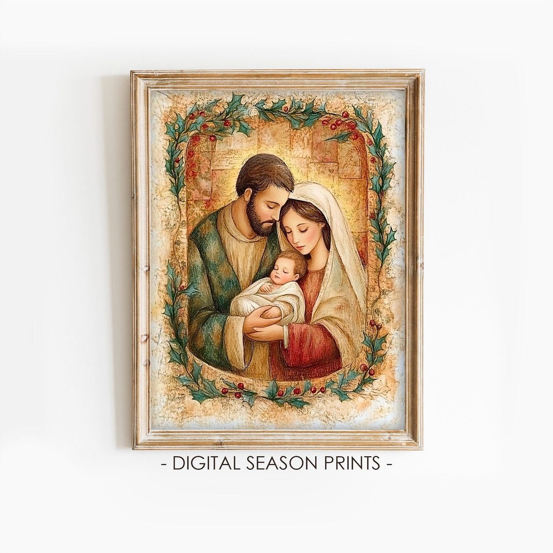 Nativity Print, Printable Vintage Christmas Wall Art, Jesus Holy Family ...