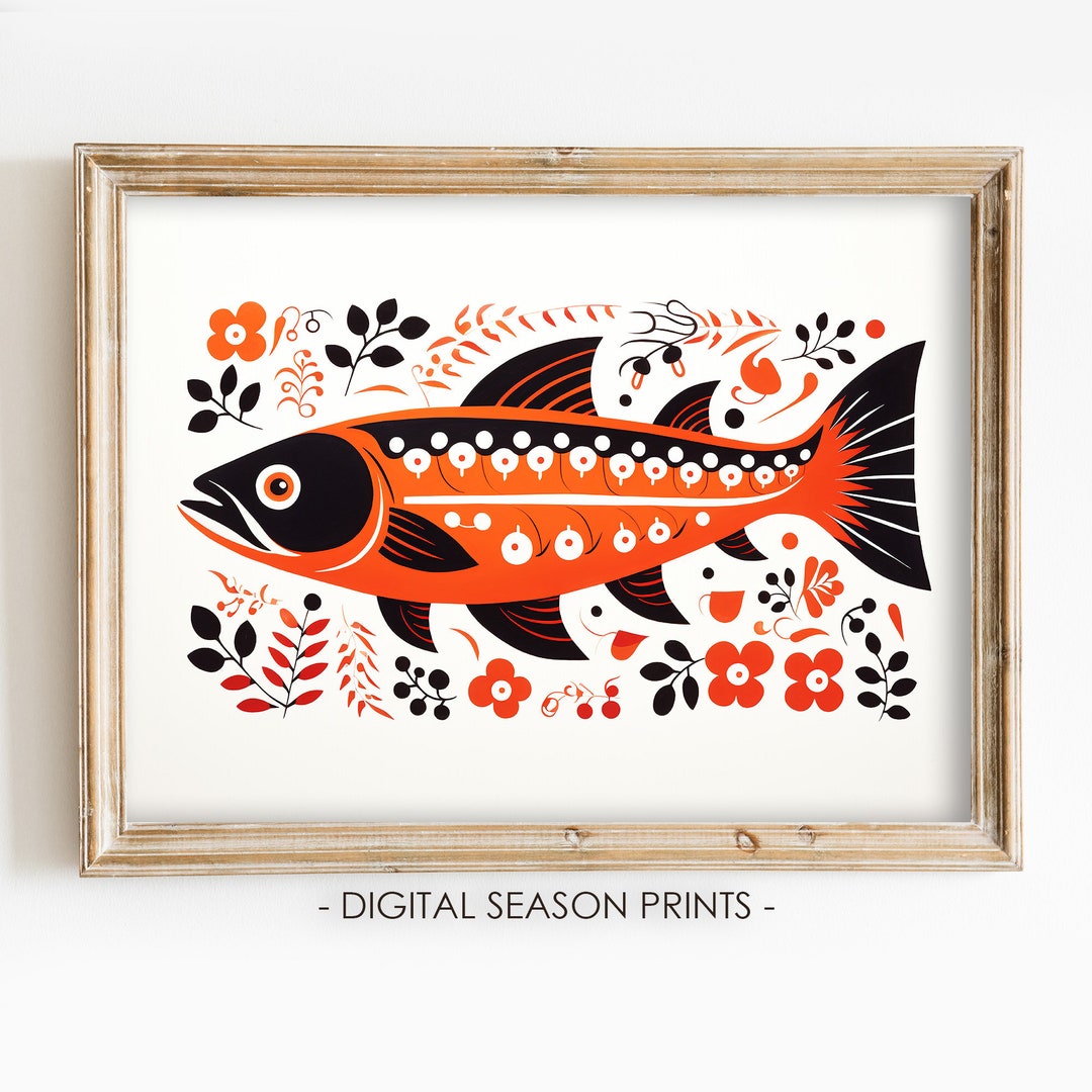 Nordic Salmon Folk Art Print: Scandinavian Decor (digital Download) - Etsy