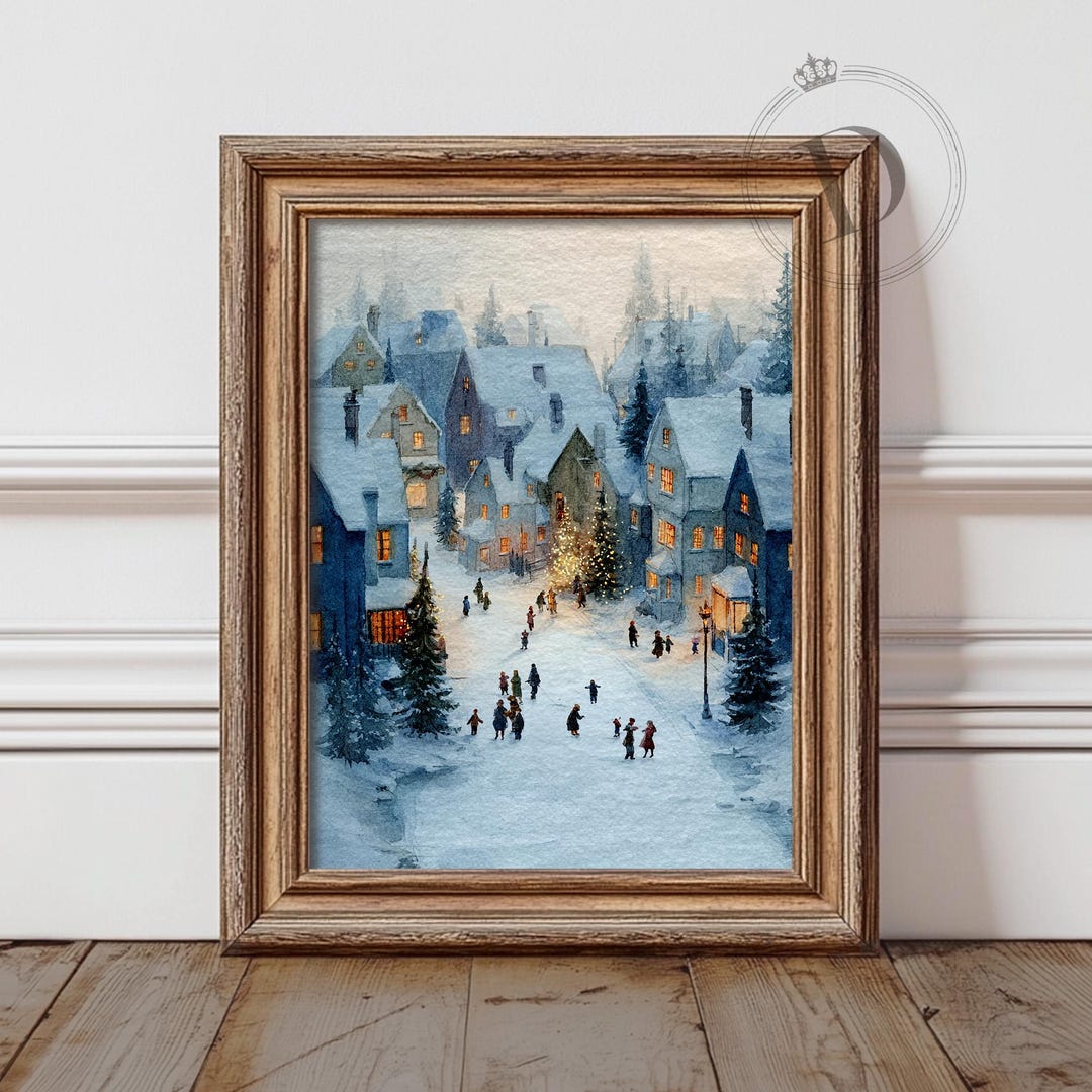 Christmas Village Scene Printable Wall Art, Rustic Winter Holiday ...