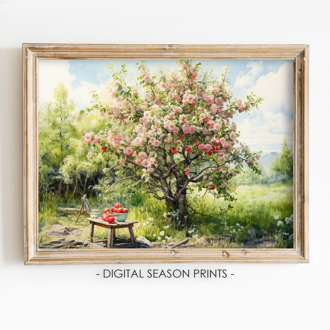 Vintage Apple Tree Painting, Rustic Apple Garden Wall Art, Farmhouse ...