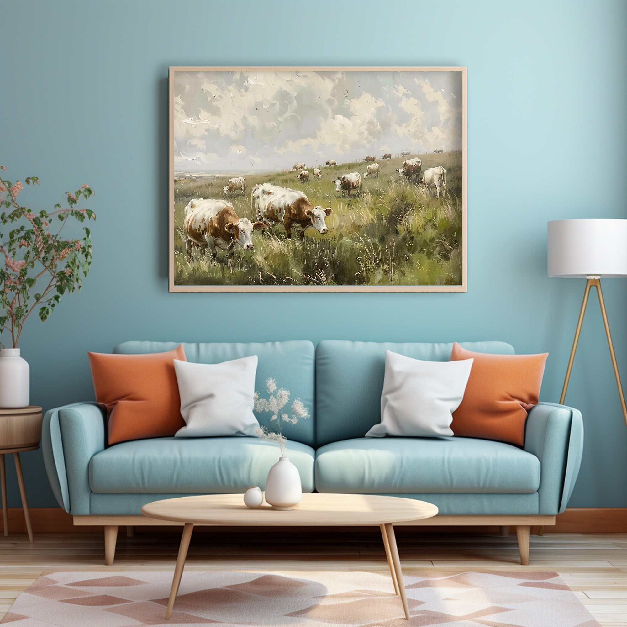 Cattle Pasture Printable Wall Art, Countryside Field With Grazing Cows ...