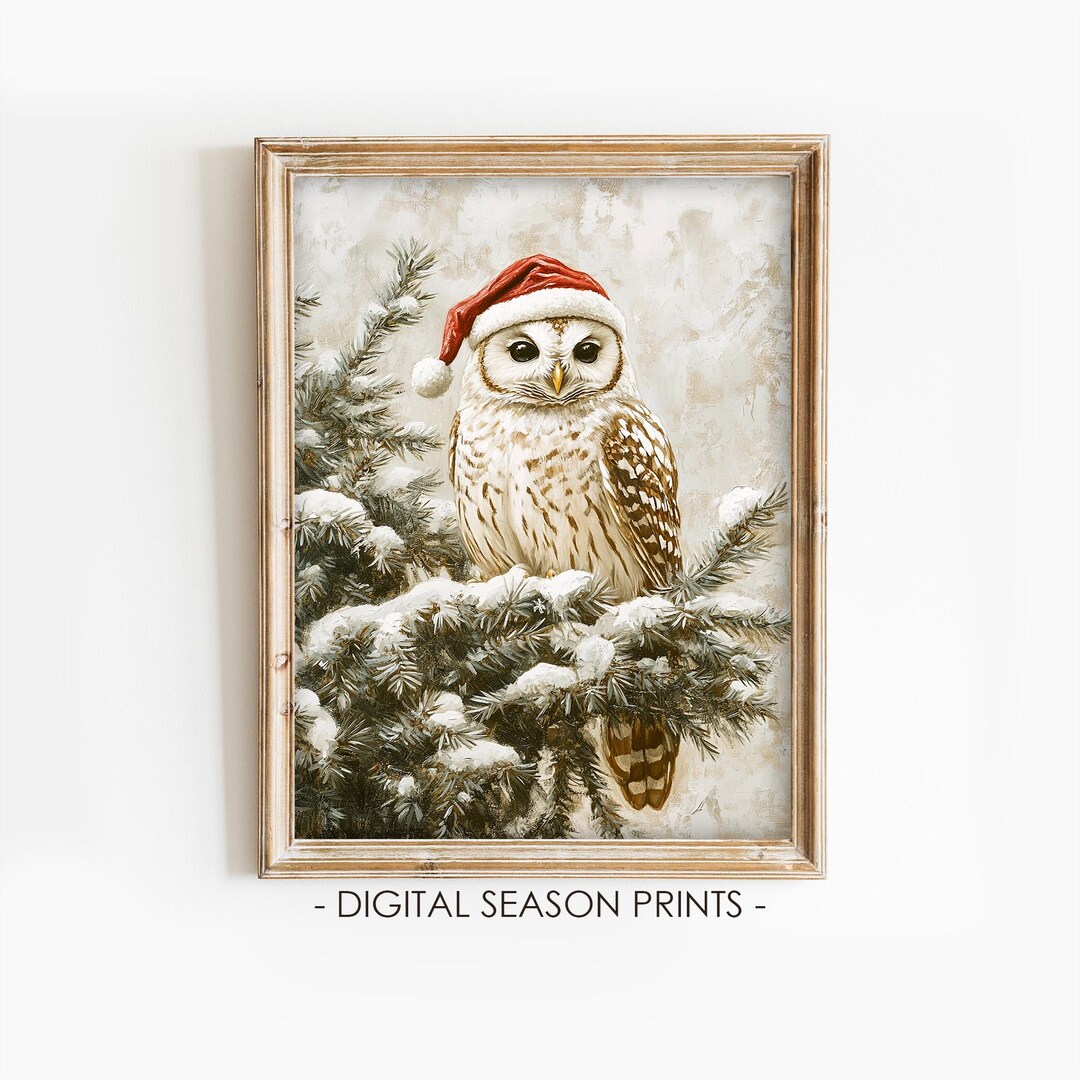 Winter Owl in Santa Hat Print Printable Vintage Christmas Wall Art - Etsy