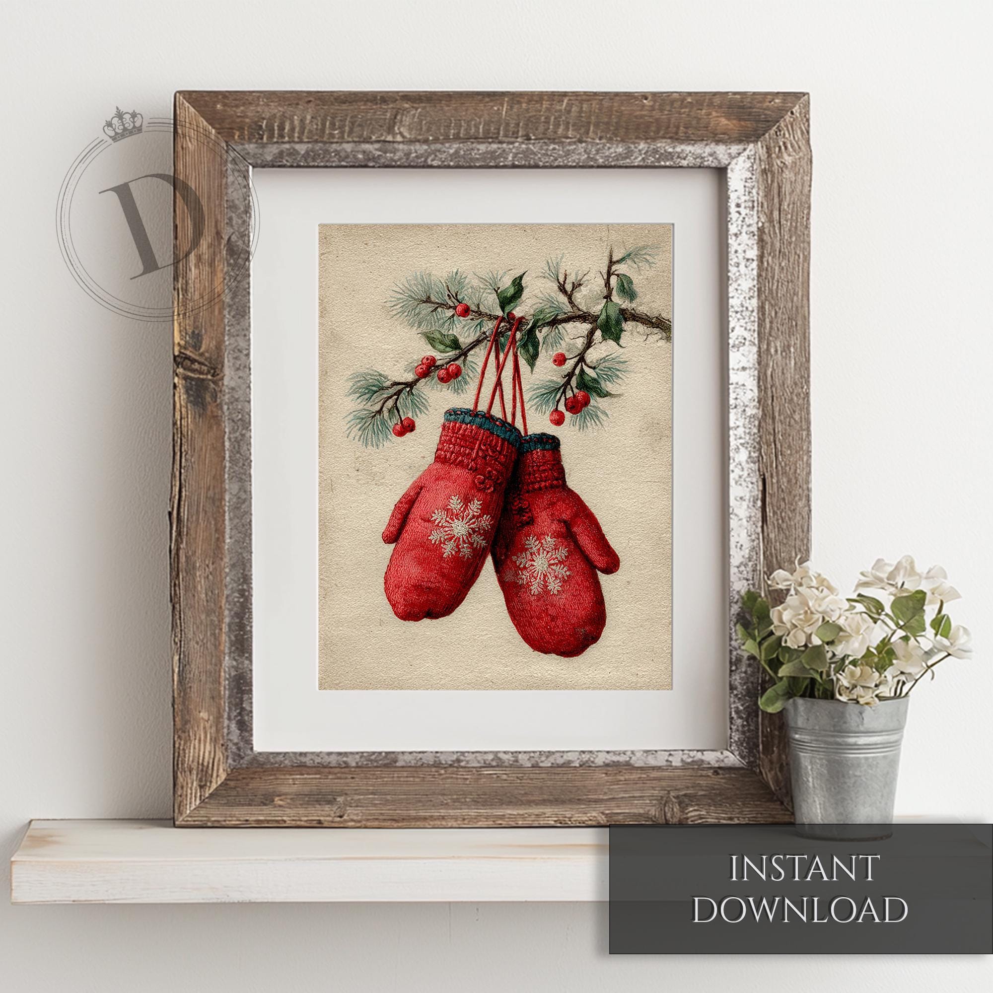 Christmas Mittens Printable Wall Art, Vintage Winter Holiday Print ...