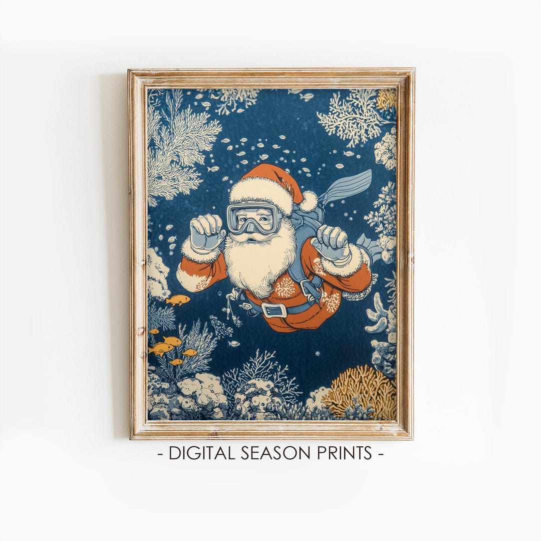 Coastal Santa Print, Vintage Christmas Beach Scuba Printable Wall Art ...
