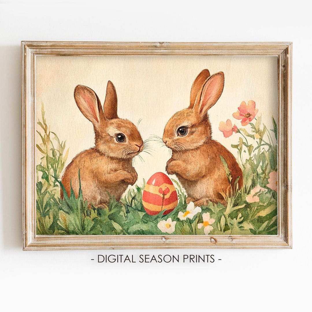 Easter Bunny Print, Printable Vintage Bunny Rabbits With Egg Wall Art ...