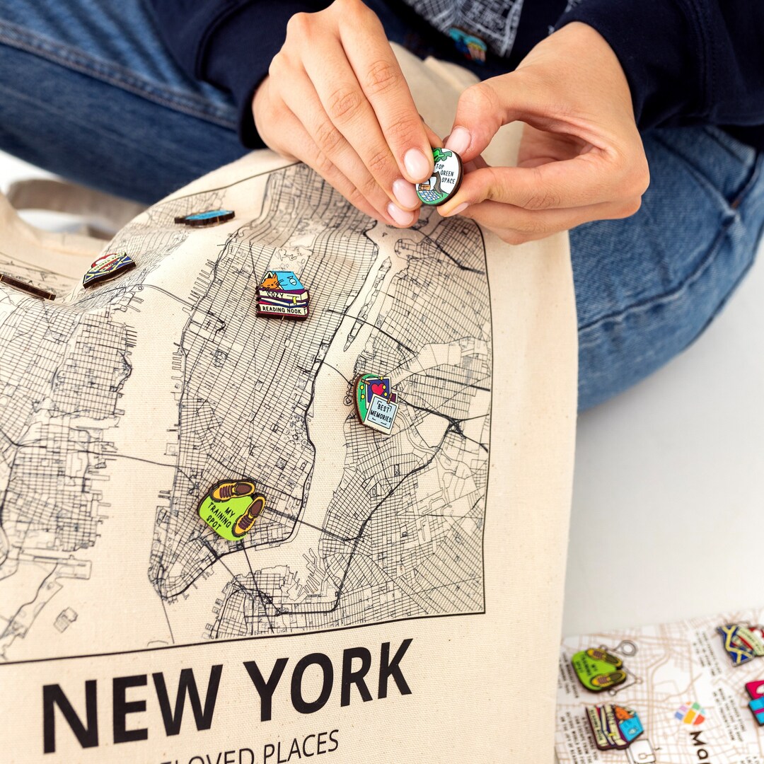 Custom Map Tote Bag With Wooden Pin Set Personalized Travel - Etsy