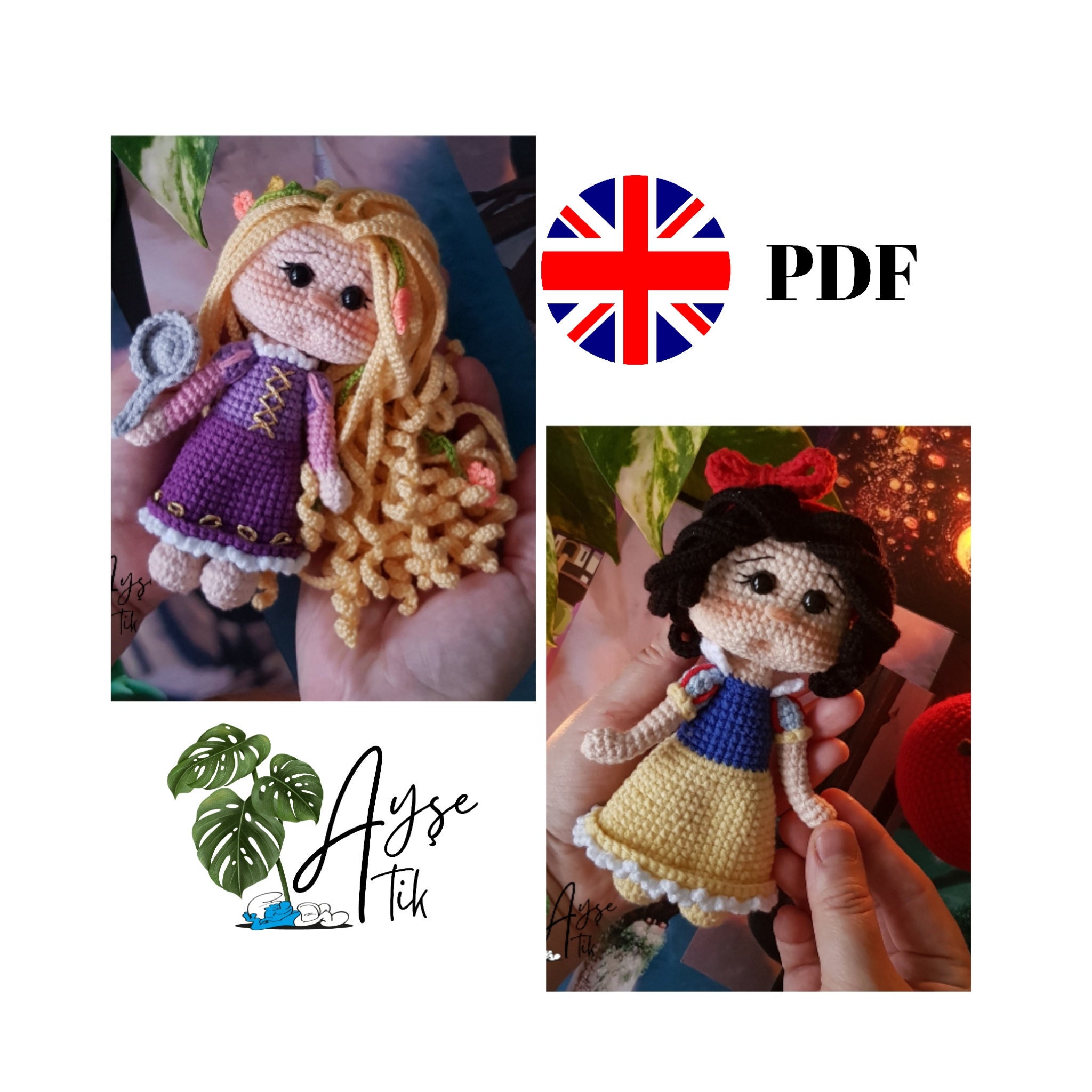 Cute Princess Pack . Rapunzel English Pattern and Snow White English Pattern approx 14cm/ 5 ...