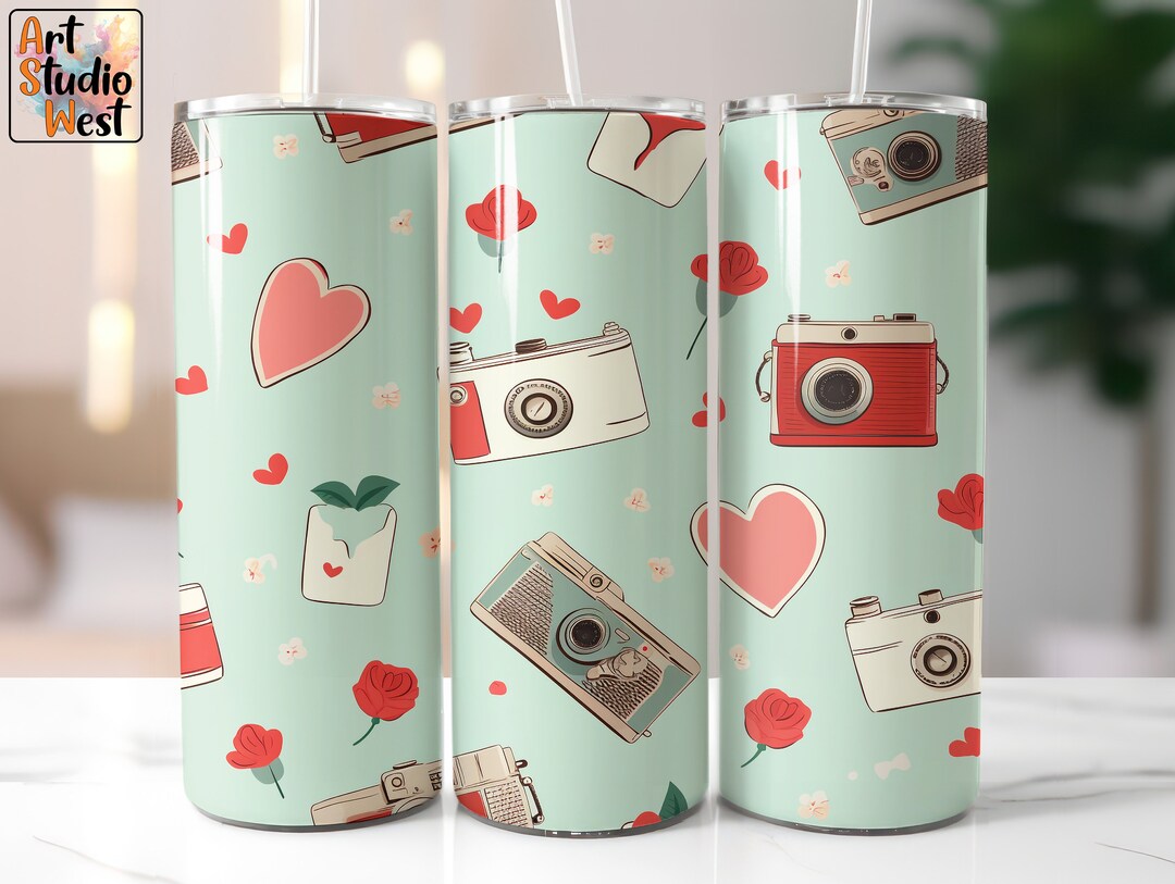 Valentines Day Tumbler Wrap, Vintage Cameras With Hearts and Flowers ...