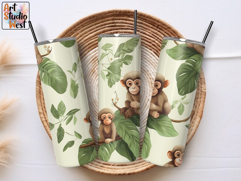 Monkey Tumbler Wrap, Baby Monkeys Floral Pattern Animal Sublimation Graphics Designs, 20 Oz ...