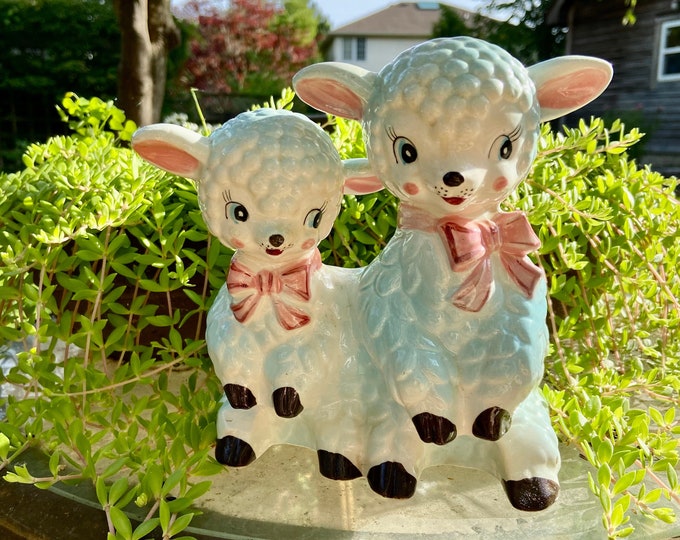 Vintage Nursery Figural Planter, Blue Lambs With Pink Bows - Etsy