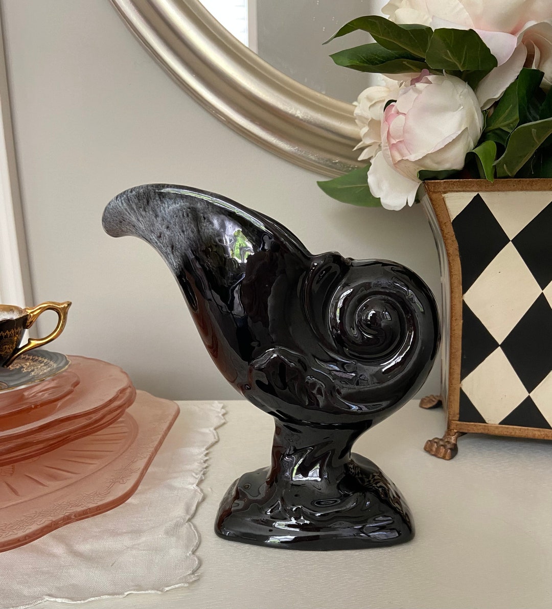 Vintage Art Deco Black and Grey Drip Glaze Pottery Red Clay Cornucopia ...