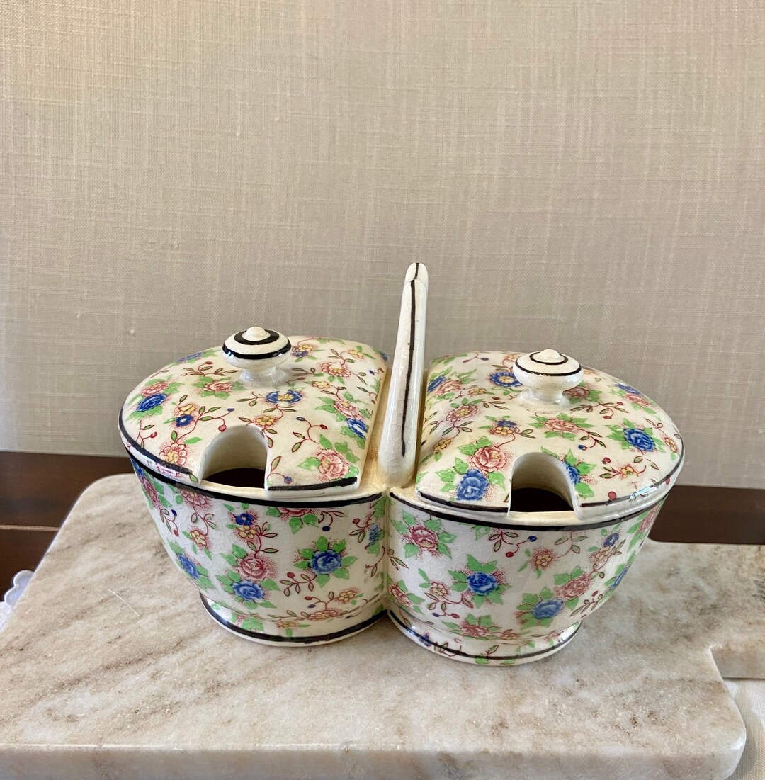 Vintage Japanese Ivory CHINTZ Jam Jar/ Condiment Jar VERY Pretty, Has ...