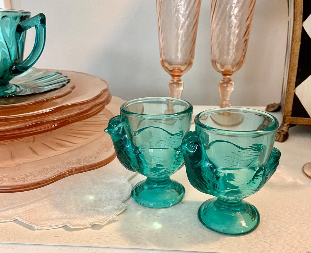 Lot of 2, Vtg Luminarc Aquamarine , Blue-green Glass Hen Egg Cups in ...