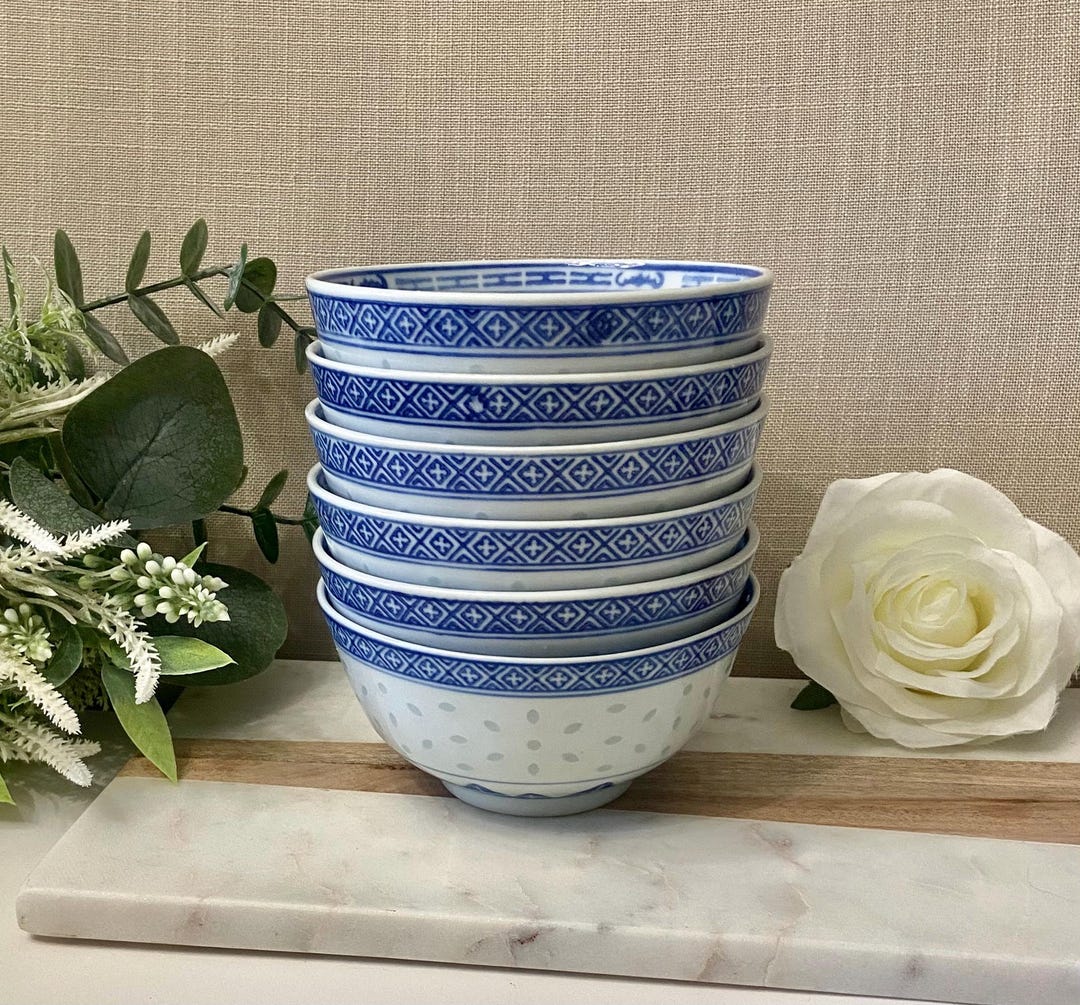 Set of 6 Blue Porcelain Rice Grain Chinese Bowls, Dahlia Design - Etsy