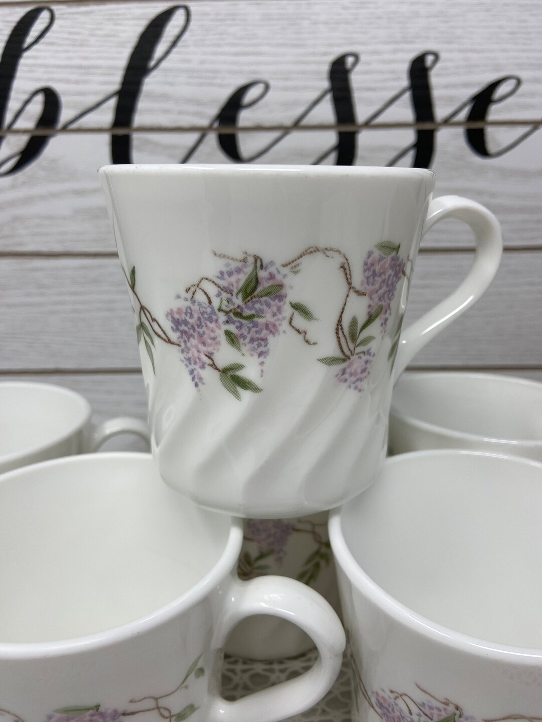 Lot of SIX, Corelle by Corning WISTERIA, Scalloped Vitrelle Glass 8 Oz ...