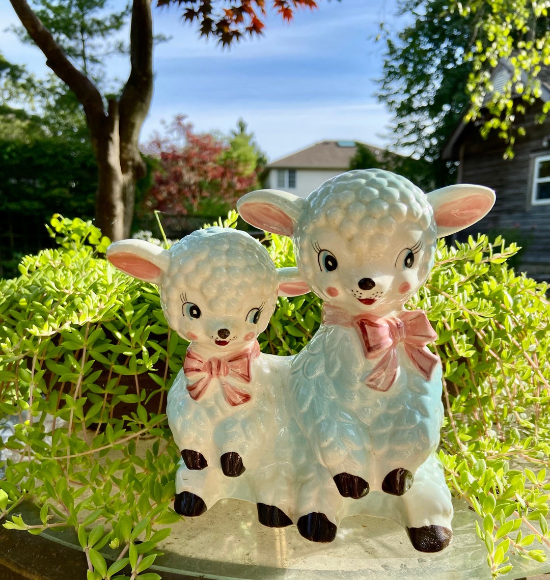 Vintage Nursery Figural Planter, Blue Lambs With Pink Bows - Etsy
