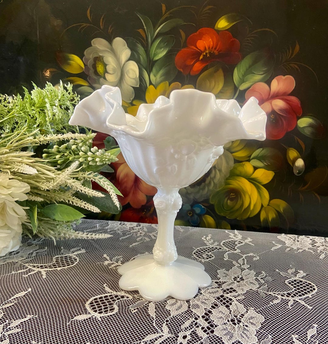 Vintage Fenton Rose Milk Glass Comporte: Ruffled Edge, Rosebud Detail ...