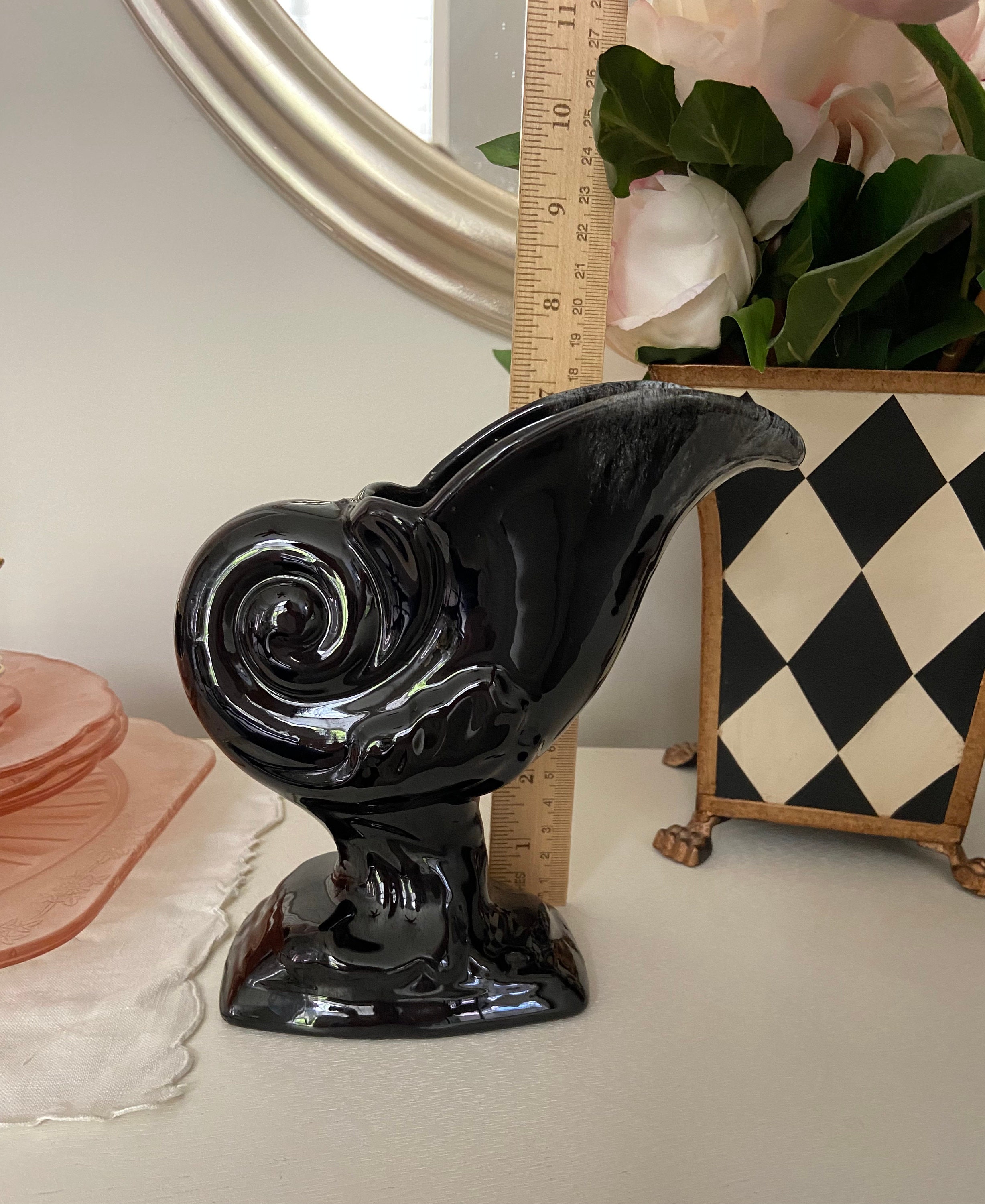 Vintage Art Deco Black and Grey Drip Glaze Pottery Red Clay Cornucopia ...